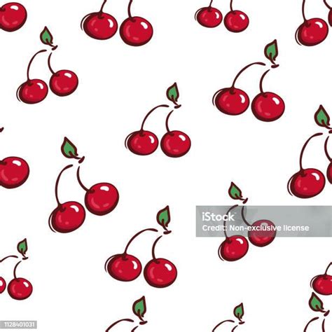 체리 완벽 한 패턴입니다 배치 배경 화면 등 섬유에 대 한 좋은 달콤한 빨간 잘 익은 체리 흰색 배경에 고립 벡터 일러스트입니다 0명에 대한 스톡 벡터 아트 및 기타 이미지