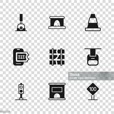 티켓을 구매하기 위해 매표소 케이블카 속도 제한 교통 표지판 100km 깨지거나 금이 간 철도 교통 콘 전환용 화살표 철도 터널 및 온라인 예약 아이콘을 설정합니다 벡터