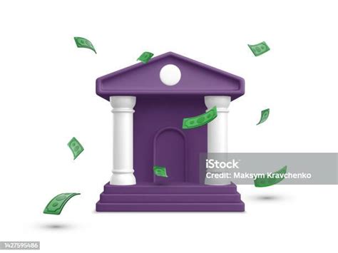 현실적인 만화 스타일로 떨어지는 지폐가있는 은행 건물 은행 사업을위한 3d 현실적인 배너 및 포스터 벡터 일러스트 레이 션 3차원 형태에 대한 스톡 벡터 아트 및 기타