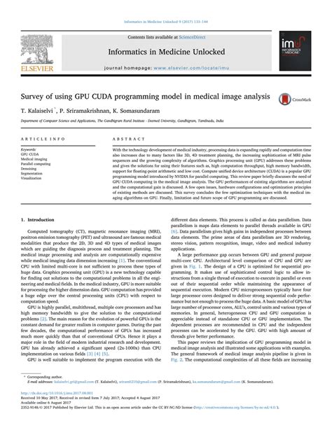 Pdf Survey Of Using Gpu Cuda Programming Model In Medical Image Analysis