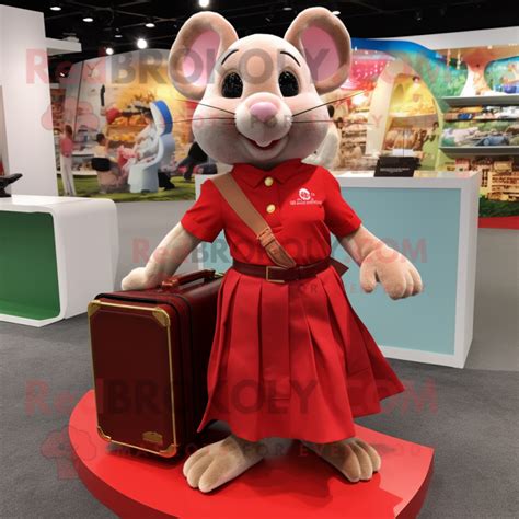 Red Mouse Mascot Costume Character Dressed With A Pleated Skirt And
