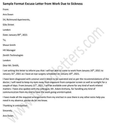 Excuse Letter From Work Due To Sickness Sample Format