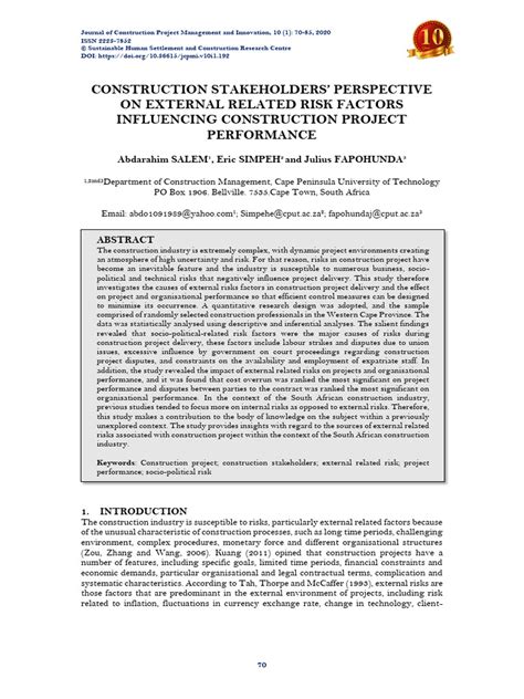 Construction Stakeholders Perspective On External Related Risk Factors Influencing Construction