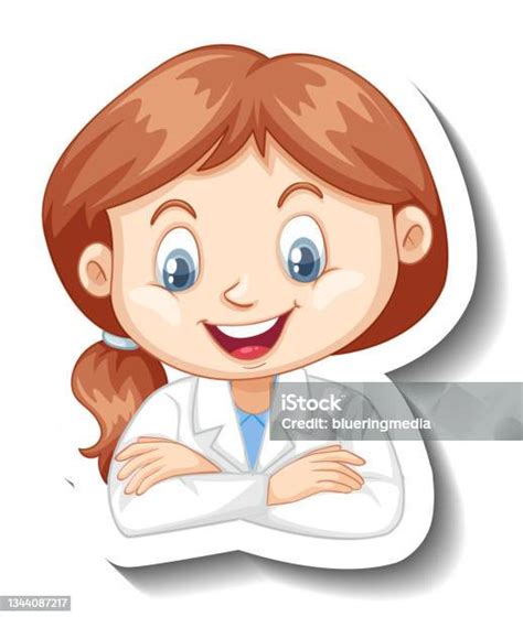 과학 가운 만화 캐릭터 스티커에 소녀의 초상화 과학자에 대한 스톡 벡터 아트 및 기타 이미지 과학자 교육 귀여운 Istock
