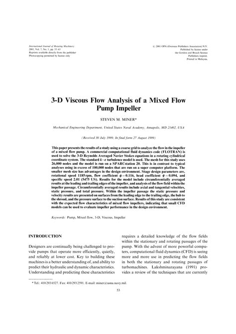 Pdf 3 D Viscous Flow Analysis Of A Mixed Flow Pump Impeller