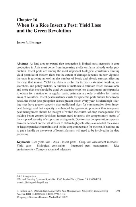 Pdf When Is A Rice Insect A Pest Yield Loss And The Green Revolution