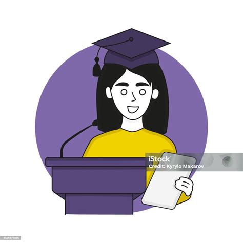 트리뷴 뒤에서 학업 모자를 쓴 학생이 연설을 합니다 여성 디플로마 방어 학사 및 석사 학위 고등 교육 흰색 배경에 노란색과 보라색 색상의 벡터 그림 검은색에 대한 스톡 벡터