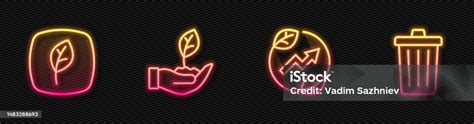 세트 라인 전기 절약 플러그 인 리프 리프 에코 심볼 식물 손 및 쓰레기통 빛나는 네온 아이콘입니다 벡터 개념에 대한 스톡 벡터 아트 및 기타 이미지 Istock