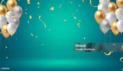 녹색 배경에 색종이 조각이 있는 현실적인 금색과 은색 풍선입니다 벡터 일러스트 레이 션 3차원 형태에 대한 스톡 벡터 아트 및 기타 이미지 3차원 형태 개념 개념과