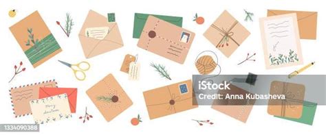 메일 우표 및 엽서 소포 벡터 평면 일러스트가있는 다른 크리스마스 봉투 세트 우편에 대한 스톡 벡터 아트 및 기타 이미지 우편 크리스마스 0명 Istock