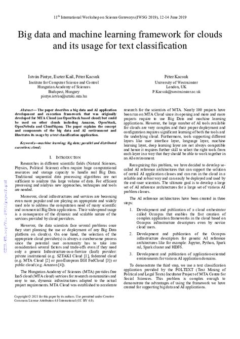 Pdf Big Data And Machine Learning Framework For Clouds And Its Usage