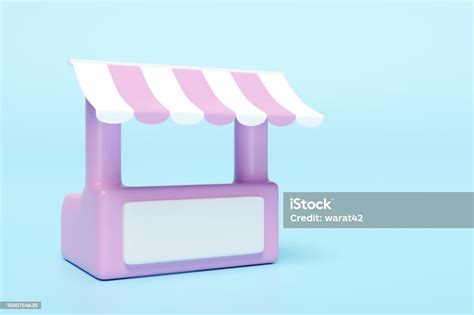 3d 분홍색 흰색 부스 상점 아이콘 또는 파란색 배경에 격리된 줄무늬 차양이 있는 빈 소매점 전면 스타트업 프랜차이즈 사업 개념