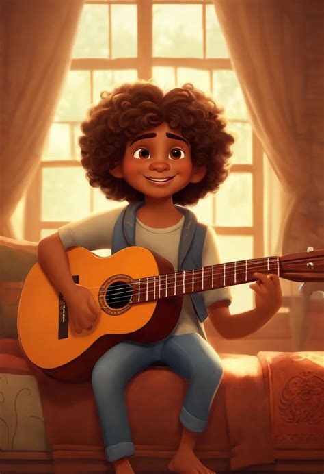 소파에 앉아 기타를 연주하는 만화 소년 Seaart Ai