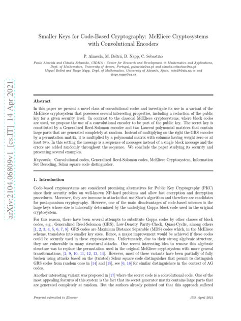 Smaller Keys For Code Based Cryptography Mceliece Cryptosystems Pdf