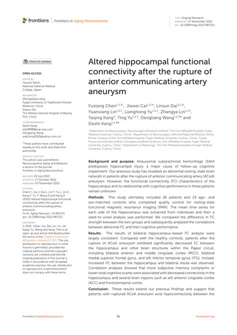 Pdf Altered Hippocampal Functional Connectivity After The Rupture Of