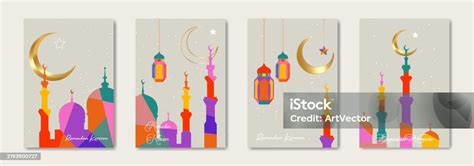 라마단 Kareem 2025 벡터 세트 다채로운 카드 별이 빛나는 배경에 골드 반달 현대 휴일 포스터 이슬람 상징 모스크 등불 이슬람 종교 배너 전단지 파티 초대장 판매