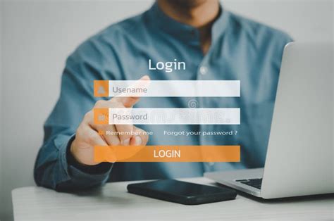 Man Using Laptop Computer And Sign Up Or Log In Username Password Virtual Touch Screen Stock