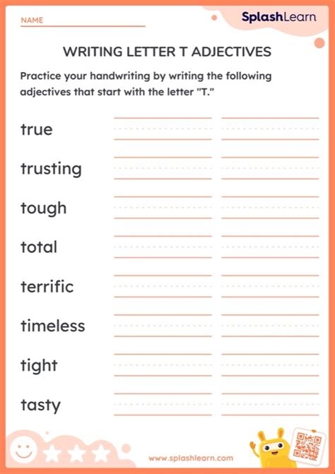 Writing Practice Letter T Adjectives — Printable Ela Worksheet
