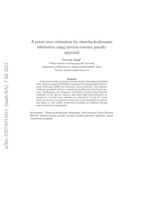 Pdf Priori And Posteriori Error Estimation For Elastohydrodynamic Lubrication Using Interior
