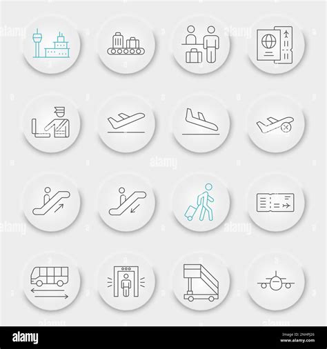 Airport Line Icon Set Travel Collection Vector Graphics Neumorphic Ui Ux Buttons Airport