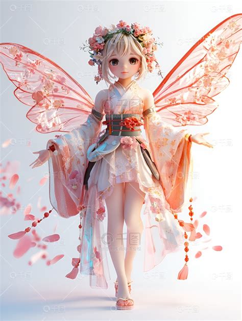 Ip设计ai数字艺术 桃夭桃花ip设计3d渲染卡通风成年女性和服花环站立微笑插画 Ai立体元素免费下载png格式2784像素编号71805014 千图网