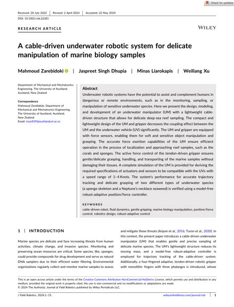 Pdf A Cable‐driven Underwater Robotic System For Delicate Manipulation Of Marine Biology Samples