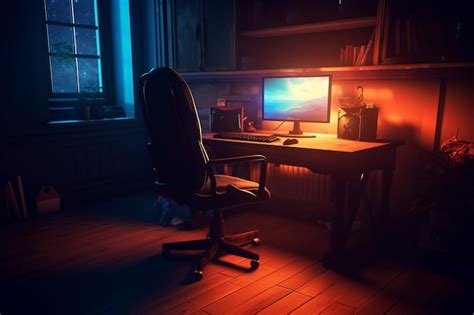 Premium Photo Dimly Lit Room With Desk And Computer Monitor In Dark Room Generative Ai
