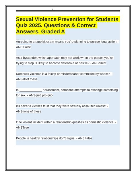 Sexual Violence Prevention For Students Quiz 2025 Questions And Correct