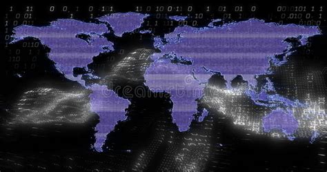World Map With Binary Code And Data Processing Image Over Digital Landscape Stock Illustration