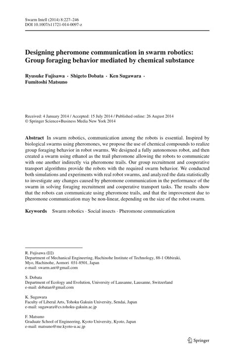 Pdf Designing Pheromone Communication In Swarm Robotics Group Foraging Behavior Mediated By