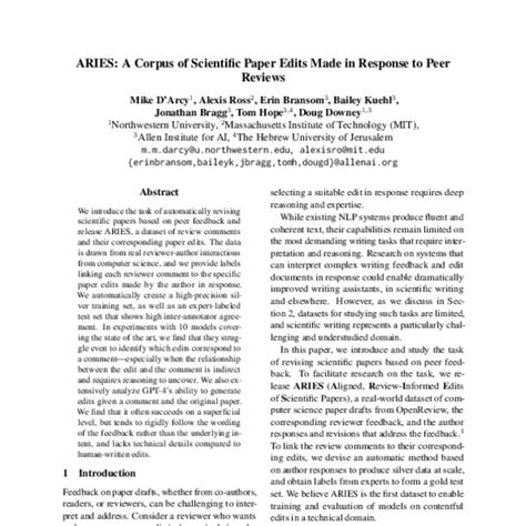 Aries A Corpus Of Scientific Paper Edits Made In Response To Peer Reviews Acl Anthology