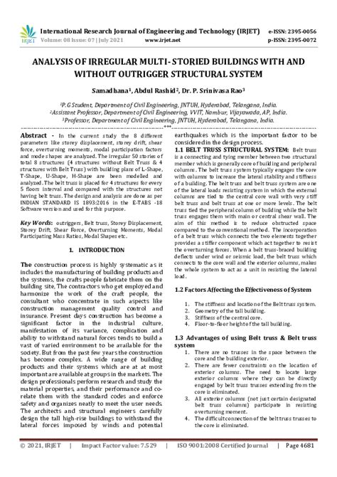 Pdf Analysis Of Irregular Multi Storied Buildings With And Without Outrigger Structural System
