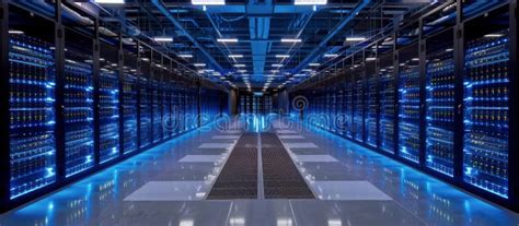 Server Room Interior With Blue Lights And Glowing Racks Stock Image Image Of Storage Server