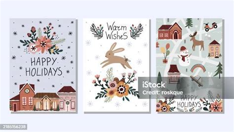 손으로 그린 겨울 휴가 카드입니다 집 글자 토끼 눈사람 무스 자동차 크리스마스 트리와 메리 크리스마스 카드 즐거운 성탄절 새해