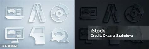 자동차 도어 캘리퍼브레이크 디스크 자동차의 진단 조건 서비스 배터리 점퍼 전원 케이블 및 아이콘을 설정합니다 벡터 3차원 형태에