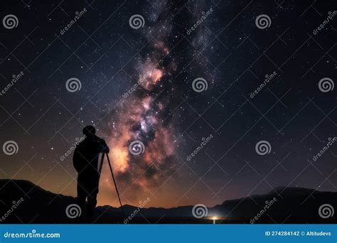 A Scientist With A Telescope In Hand Observing The Universe And Its Celestial Bodies Stock
