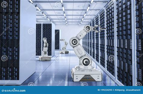 automation server with robot in server room royalty free stock