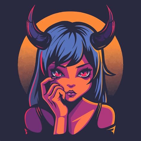 Premium Vector Vector Anime Demon Girl With Horns And Hand On Chin Thinking About Something