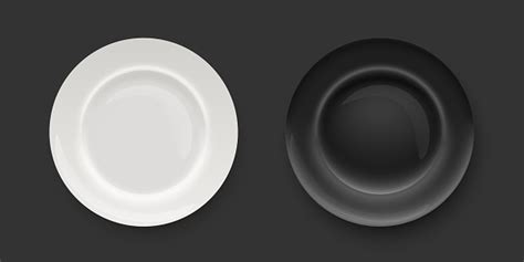 화이트와 블랙 도자기 접시요리 두 개의 빈 깨끗한 부엌 판 벡터 일러스트에 상단 보기 검은 색 배경에 둥근 사실적인 간단한 식기 개체 저녁 식사 또는 아침 식사 0명에 대한