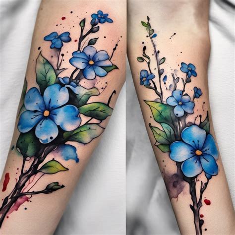 Tattoo Of Forget Me Not Flowers On A Branch With Watercolor Splatters