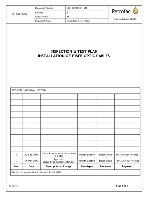 Installation Of Fiber Optic Cables Itp Pdf Specification Technical Standard Calibration