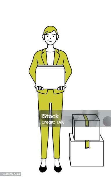 양복을 입은 고위 여성 여성 관리자 골판지 상자를 들고 있는 경력 여성의 간단한 선 그리기 그림 나름에 대한 스톡 벡터 아트 및 기타 이미지 Istock