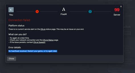no heartbeat received restart your game or try again later fivem