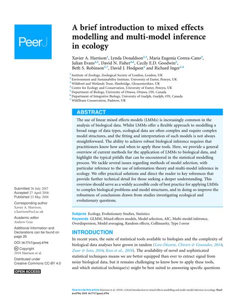 Pdf A Brief Introduction To Mixed Effects Modelling And Multi Model Inference In Ecology