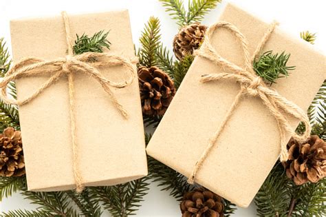 두 개의 선물 상자와 아름다운 크리스마스 배경 흰색 배경 위에 소나무 가지와 소나무 콘으로 장식 복사 공간이 있는 상단 뷰 플리 레이 2022년에 대한 스톡 사진 및 기타