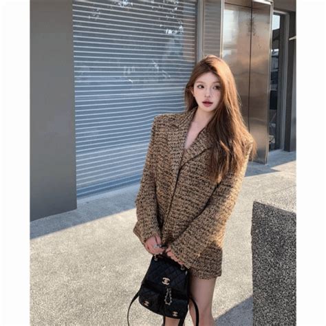 옥수수클로젯 겨울신상겨울자켓 트위드 블레이저자켓 세미 호피 복고 트위드자켓 반코트 미디코트 하프 정장 오버핏 브라운 옐로우 줄무늬 체크 하객룩 데이트룩