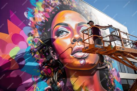 Pintor De Expressão Artística Criando Um Mural Em Grande Escala Em Um