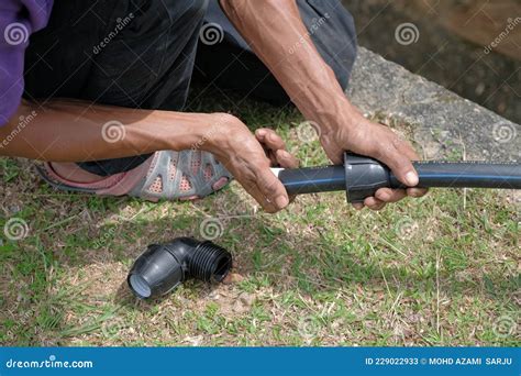 Plumber Installing New Hdpe Pipe In The Main Drains Stock Image Image