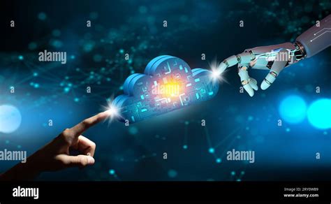 Ai Robot Hand And Human Hand Pointing Cloud Computing Technology Internet Storage Network With