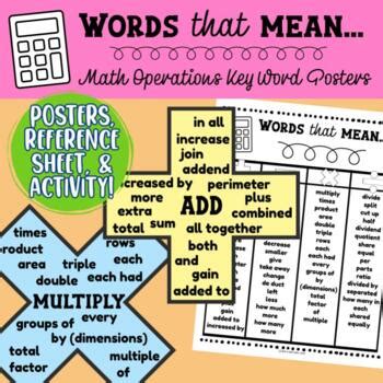 Math Operations Key Word Posters For Word Problems Signal Words For Add Subtract
